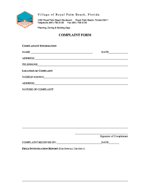 Fillable Online Complaint Form - Royal Palm Beach, Florida Fax Email ...