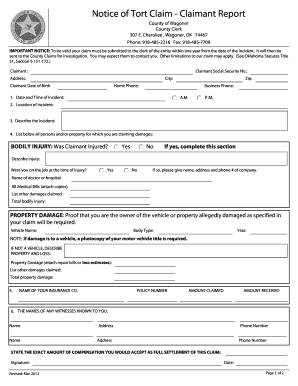 Fillable Online Notice of Tort Claim - Claimant Report - OK.gov Fax ...