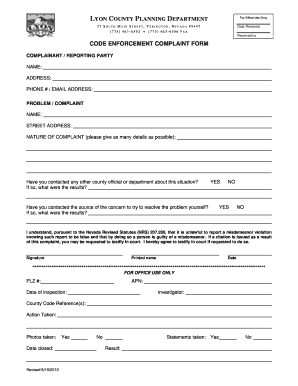 Fillable Online lyon-county lyon county nv code enforcer form Fax Email ...