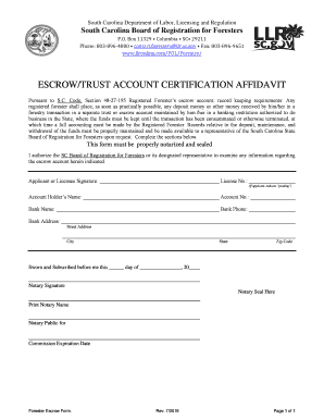 Fillable Online llr sc ESCROW/TRUST ACCOUNT CERTIFICATION AFFIDAVIT Fax ...