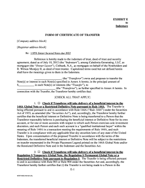 Fillable Online E-1 EXHIBIT E to Indenture FORM OF CERTIFICATE OF ...