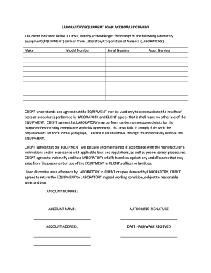 Fillable Online LABORATORY EQUIPMENT LOAN ACKNOWLEDGEMENT The ... Fax ...