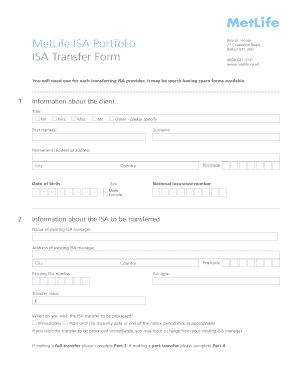 Fillable Online metlife co MetLife ISA Portfolio ISA Transfer Form ...