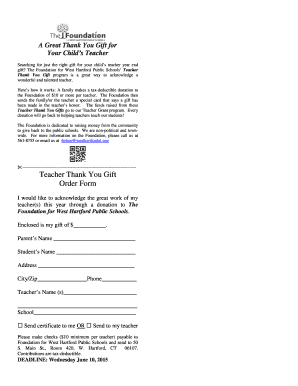 Fillable Online whps Teacher Thank You Gift Order Form - West Hartford ...