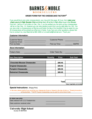 Fillable Online Whole Cheesecake Order Form uhigh - University High ...