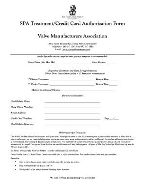 Fillable Online vma SPA Treatment/Credit Card Authorization Form Valve ...
