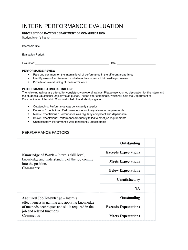 Fillable Online udayton INTERN PERFORMANCE EVALUATION - University of ...