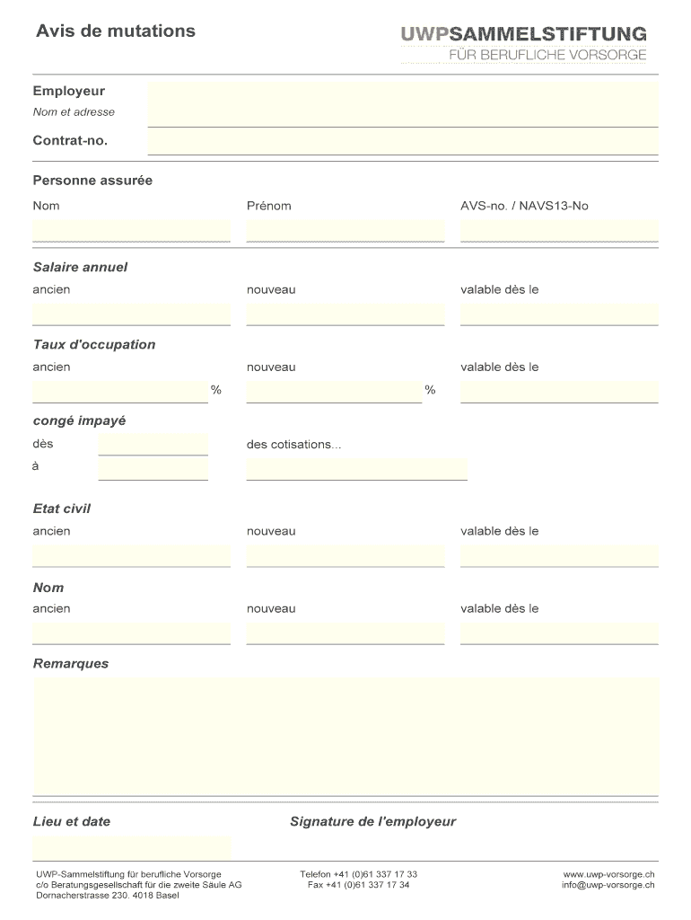 Fillable Online uwp-vorsorge Avis de mutations - UWP Vorsorge Fax Email Print - pdfFiller