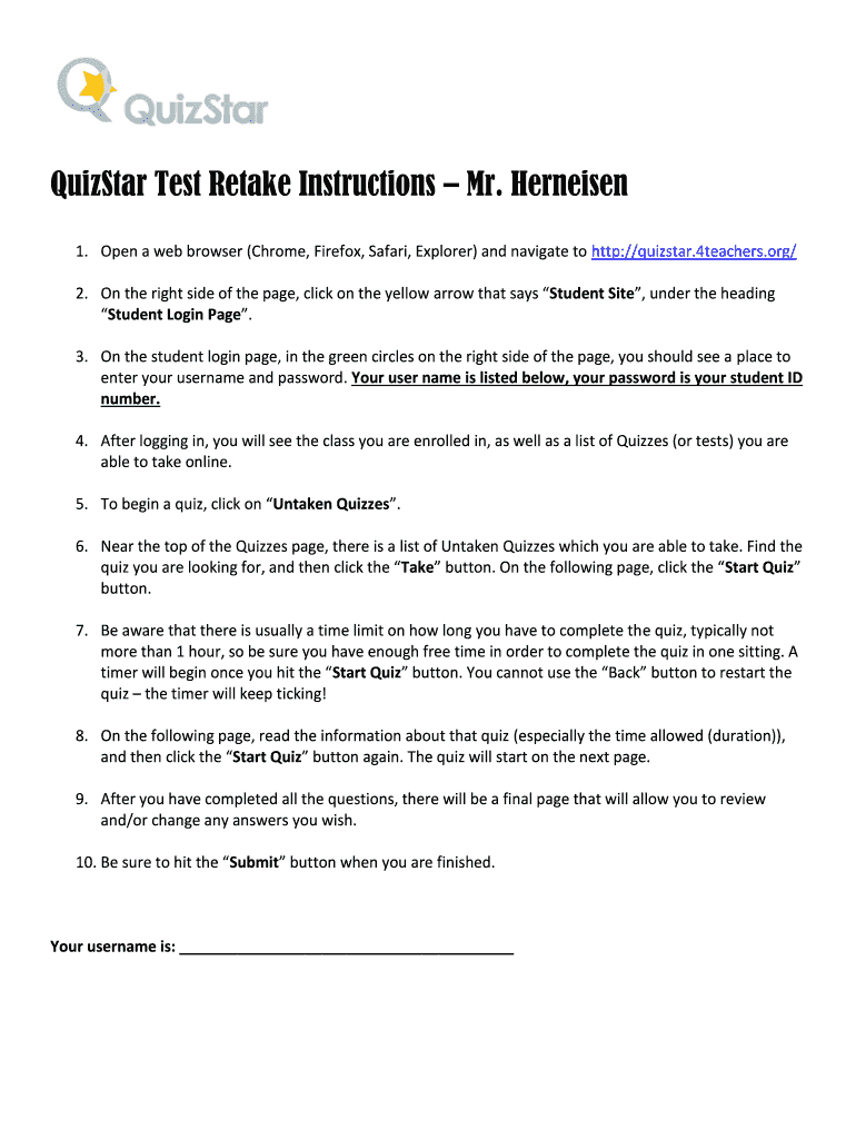 Fillable Online QuizStar Test Retake Instructions Mr Fax Email Print ...