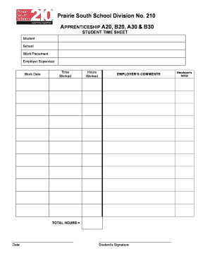 Fillable Online Apprenticeship Student Time Sheet - Prairie South ...