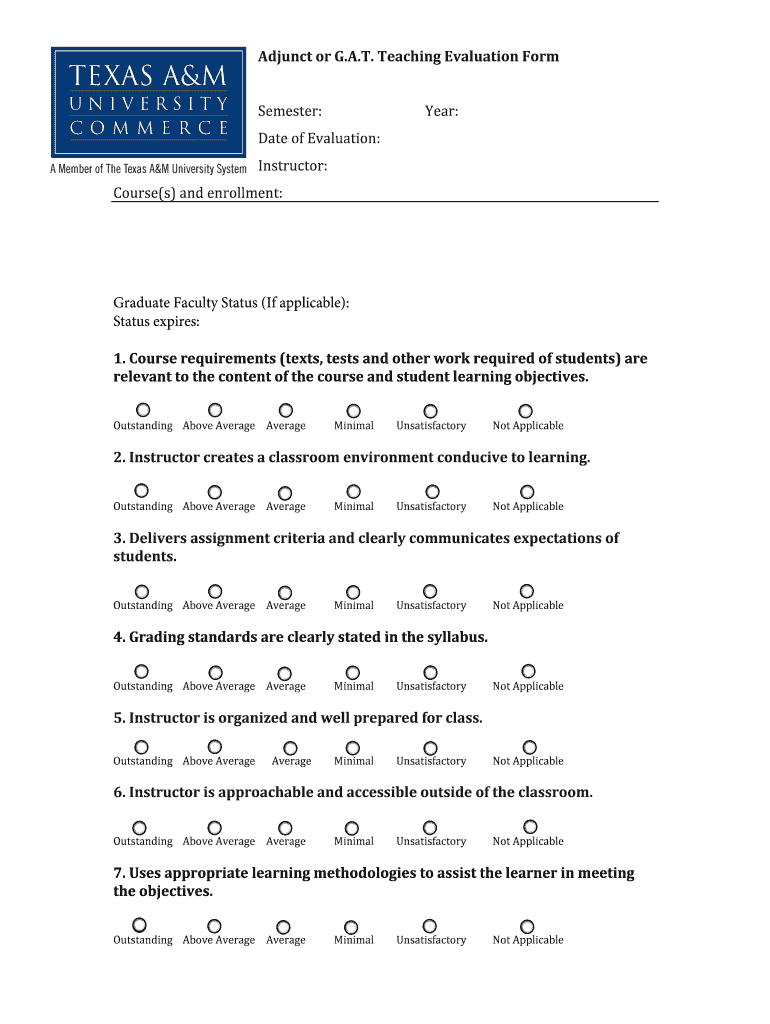 Fillable Online tamuc Adjunct or G.A.T. Teaching Evaluation Form ...