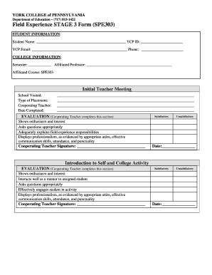 Fillable Online ycp Field Experience STAGE 3 Form (SPE303) - York College of ... Fax Email Print ...