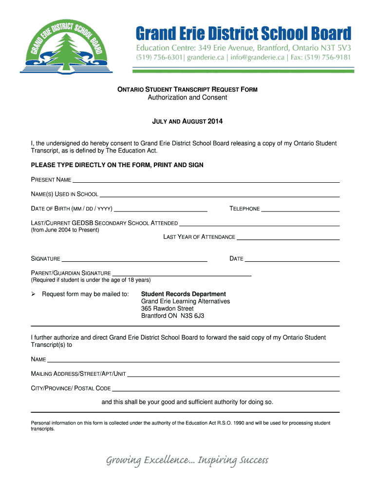 Fillable Online ONTARIO STUDENT TRANSCRIPT REQUEST FORM Authorization ...