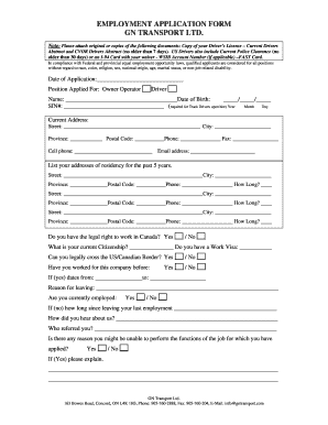 Fillable Online EMPLOYMENT APPLICATION FORM GN TRANSPORT LTD. Fax Email ...