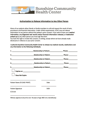 Fillable Online sunshineclinic Authorization to Release Information to Any Other Person ...