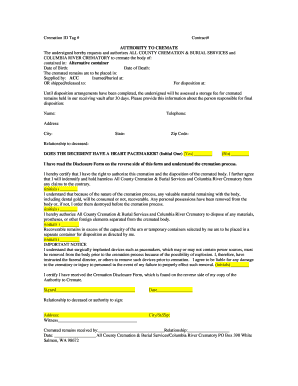 Fillable Online Cremation Authorization Form - All County Funerals Fax ...