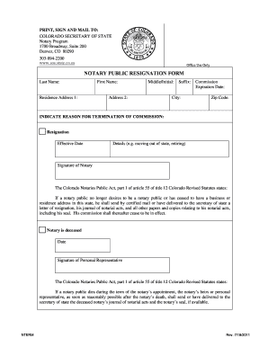 Fillable Online sos state co notary public resignation form - Colorado ...