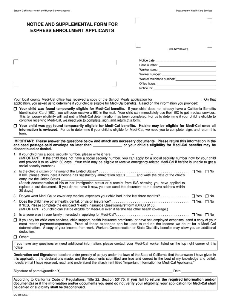 Fillable Online dhcs ca Notice and Supplemental Forms for Express ...