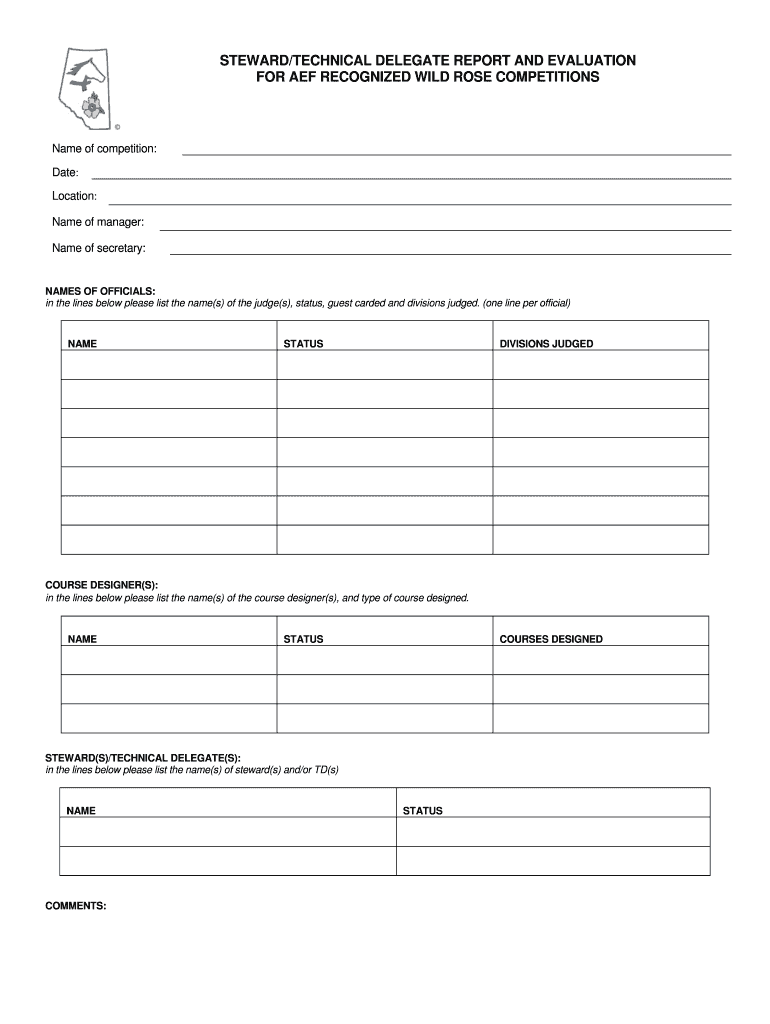 Fillable Online STEWARD/TECHNICAL DELEGATE REPORT AND EVALUATION FOR ...