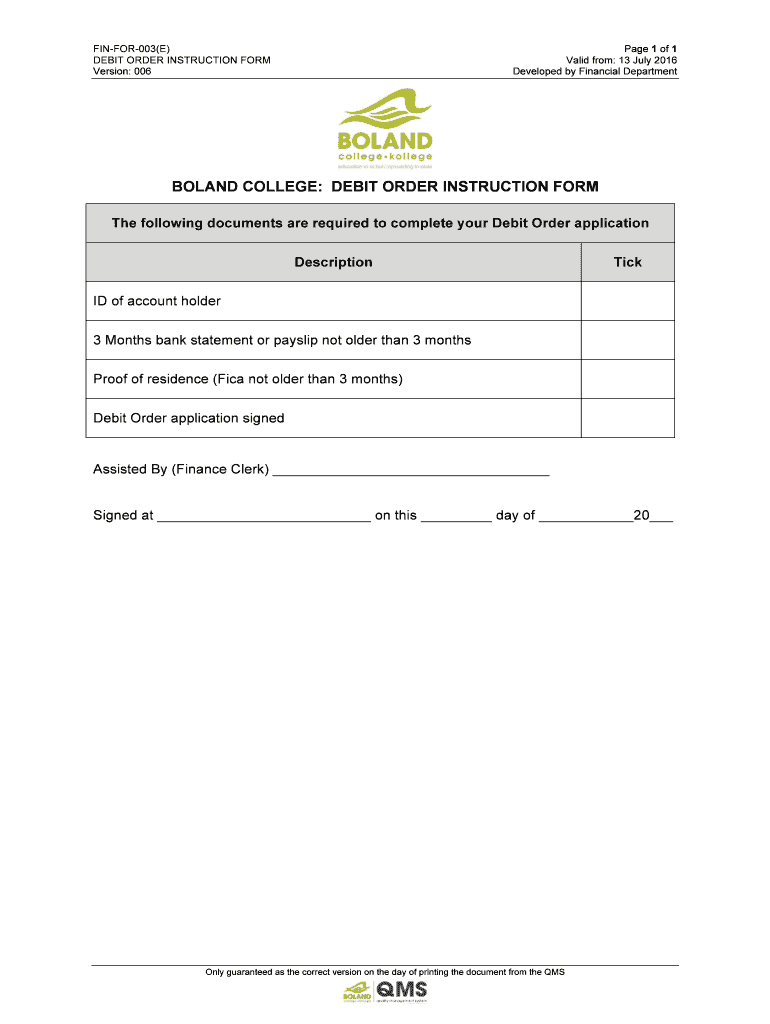 Fillable Online FIN-FOR-003(E) Debit order instruction form V6 - Boland ...