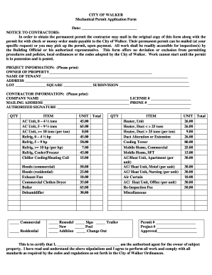 Fillable Online CITY OF WALKER Mechanical Permit Application Form Date ... Fax Email Print ...