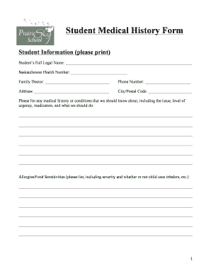 Fillable Online prairieskyschool Student Medical History Form - Prairie ...