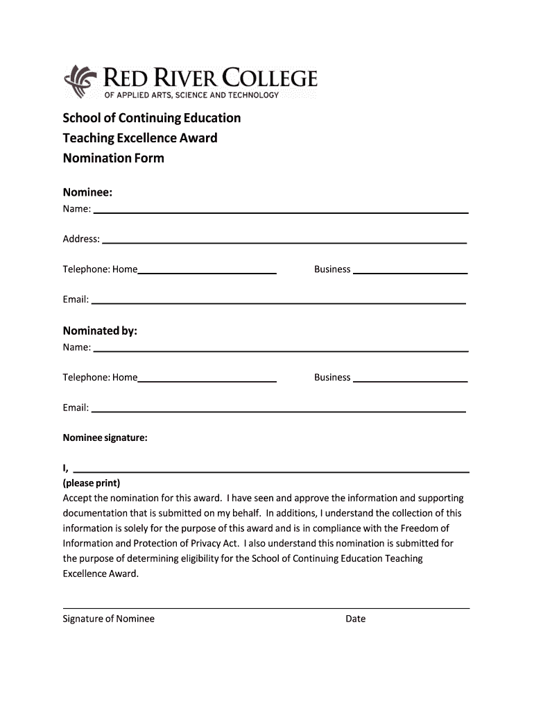 Fillable Online Teaching Excellence Award Rev F2012 - Red River College Fax Email Print - pdfFiller