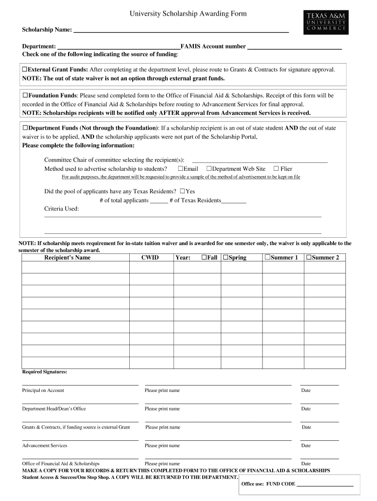Fillable Online tamuc University Scholarship Awarding Form Version 2 Fax Email Print - pdfFiller