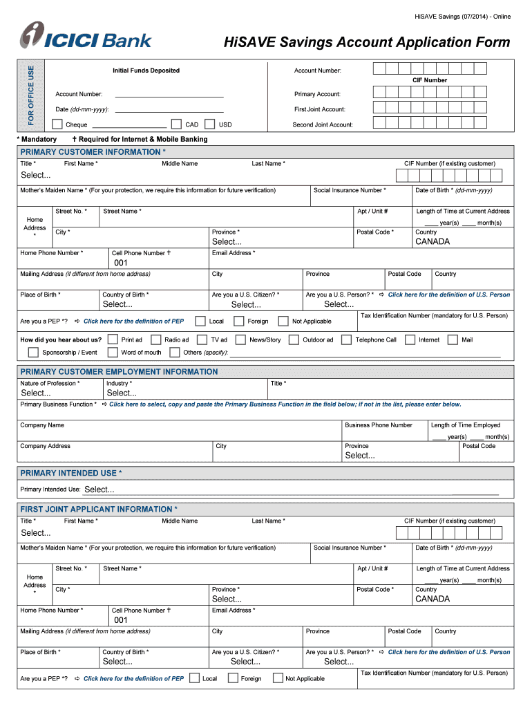 Fillable Online HiSAVE Savings Account Application Form - ICICI Bank ...