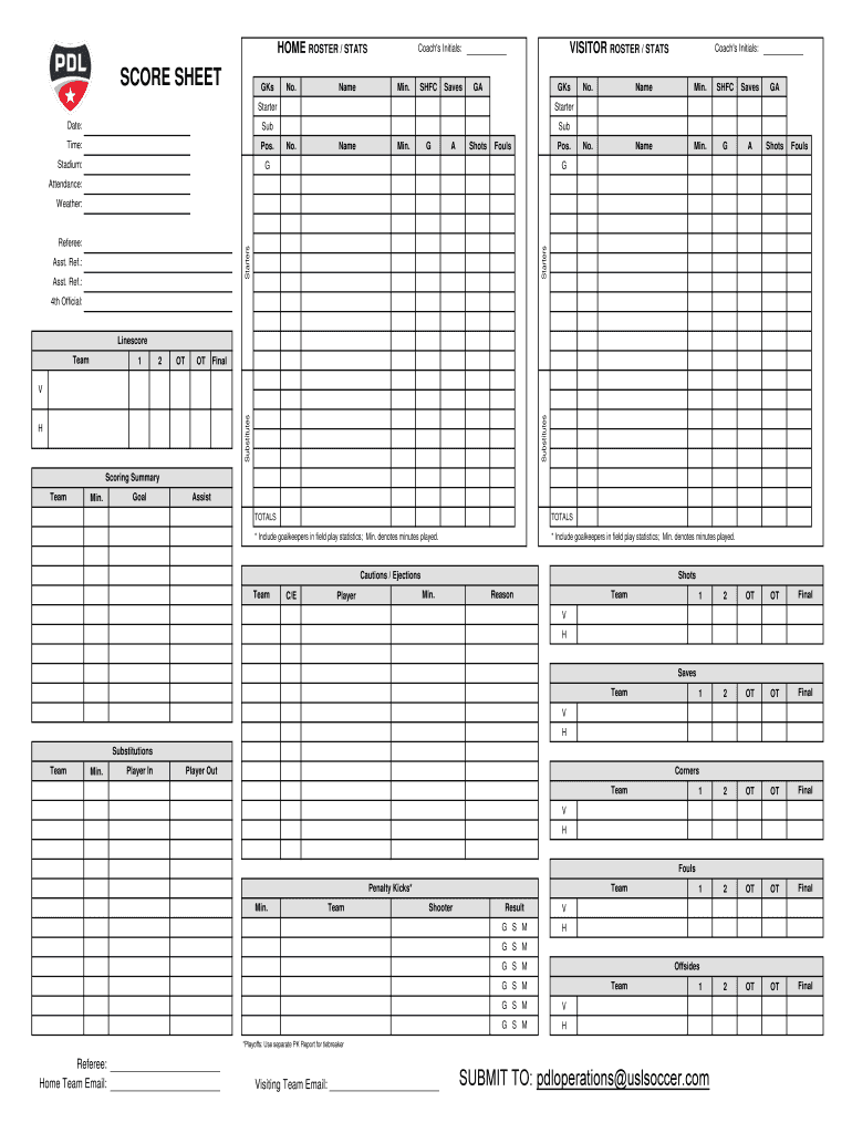 Fillable Online HOME ROSTER / STATS SCORE SHEET GKs No. Name Min. SHFC ...