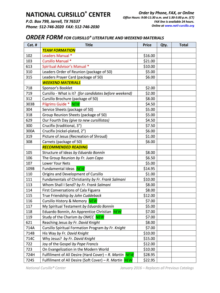 Fillable Online natl-cursillo ORDER FORM FOR CURSILLO LITERATURE AND ...