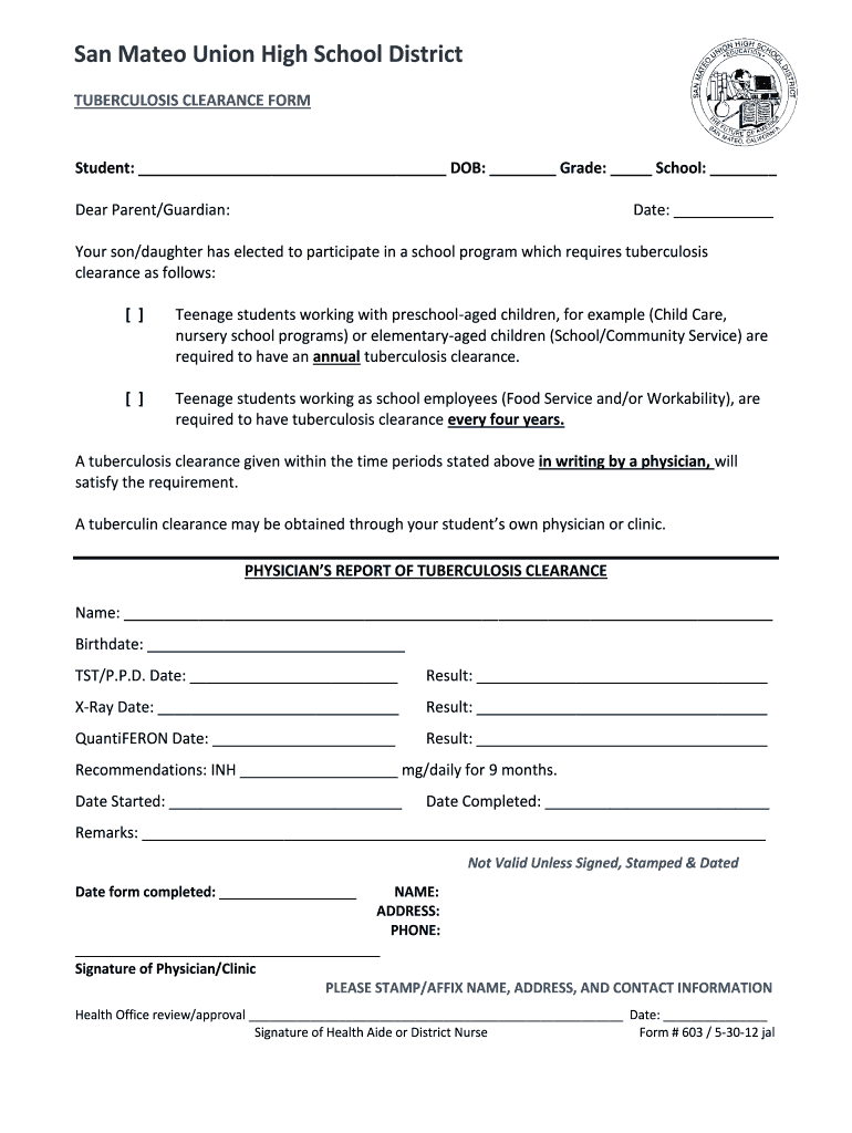 Tuberculosis Clearance Form - Blank Fillable Template | Fill Out, Print ...