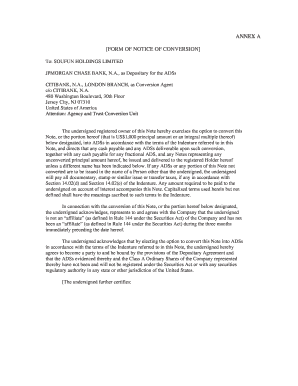 Fillable Online FORM OF NOTICE OF CONVERSION - Sign On - Citibank Fax ...