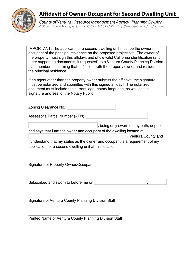 Fillable Online Affidavit of Owner-Occupant for Second Dwelling Unit ...