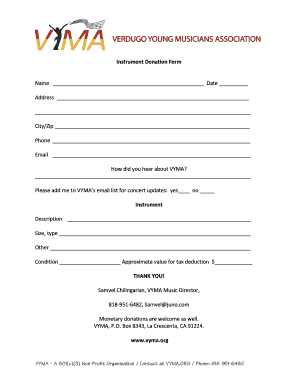 Fillable Online vyma Instrument Donation Form Name Date - vyma Fax ...
