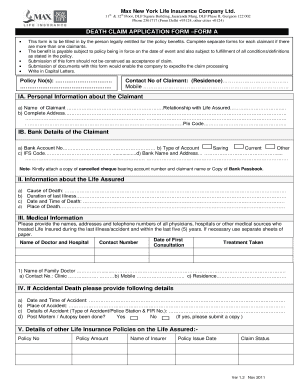 Fillable Online Application form for Death Claim-Claimant s Statement ...