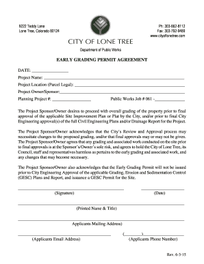 Fillable Online early grading permit agreement - City of Lone Tree Fax ...
