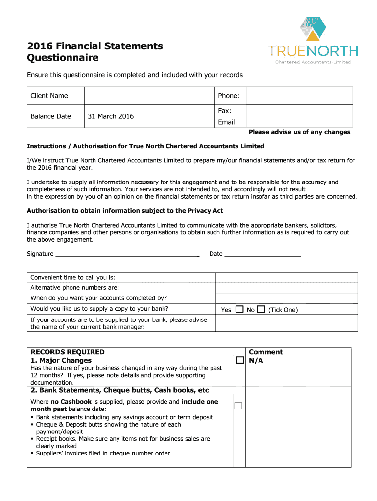 Fillable Online truenorthca co Annual Questionnaire - True North ...