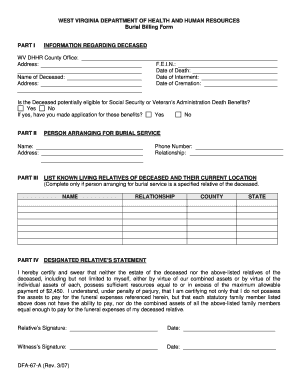 Fillable Online wvdhhr Burial Billing Form, DFA-67-A, Rev. 3/07 ...