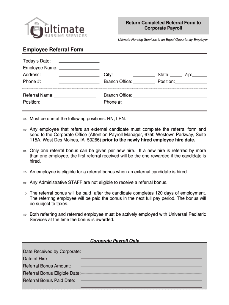 Fillable Online Employee Referral Form UNSI - Universal Pediatrics Fax ...