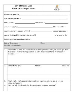 Fillable Online City of Moses Lake Claim for Damages Form Fax Email ...