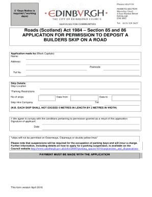 Fillable Online Roads (Scotland) Act 1984 Section 85 and 86 APPLICATION ...