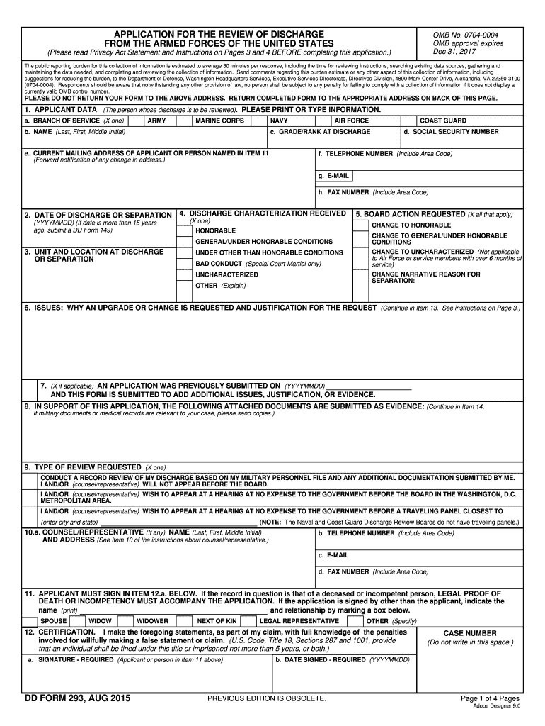 Fillable Online sanjuancollege DD Form 293, Application for the Review ...