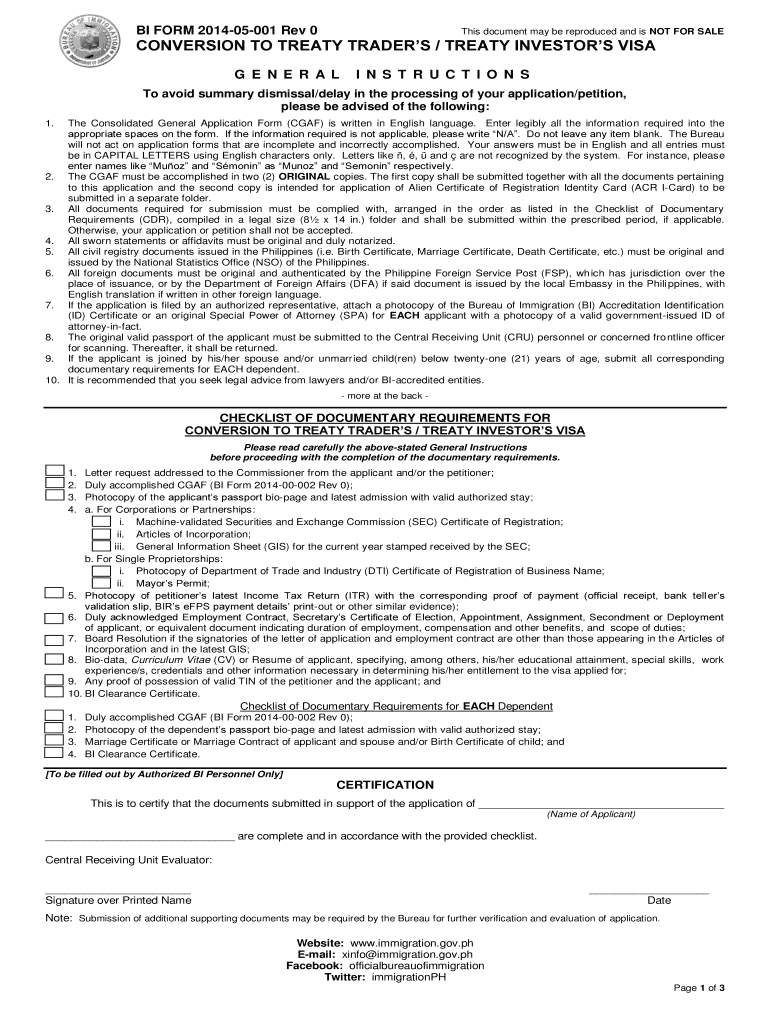 Fillable Online BI FORM 2014-05-001 Rev 0 CONVERSION TO TREATY TRADER S ...