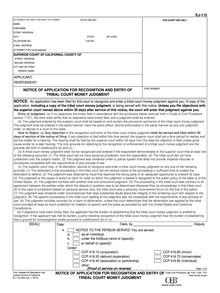 Fillable Online EJ-115 Notice of Application for Recognition and Entry ...