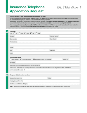 Fillable Online Insurance Telephone Application Request - Telstra Super ...