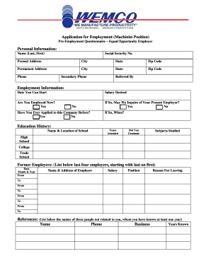 Fillable Online Application for Employment (Machinist Position ...
