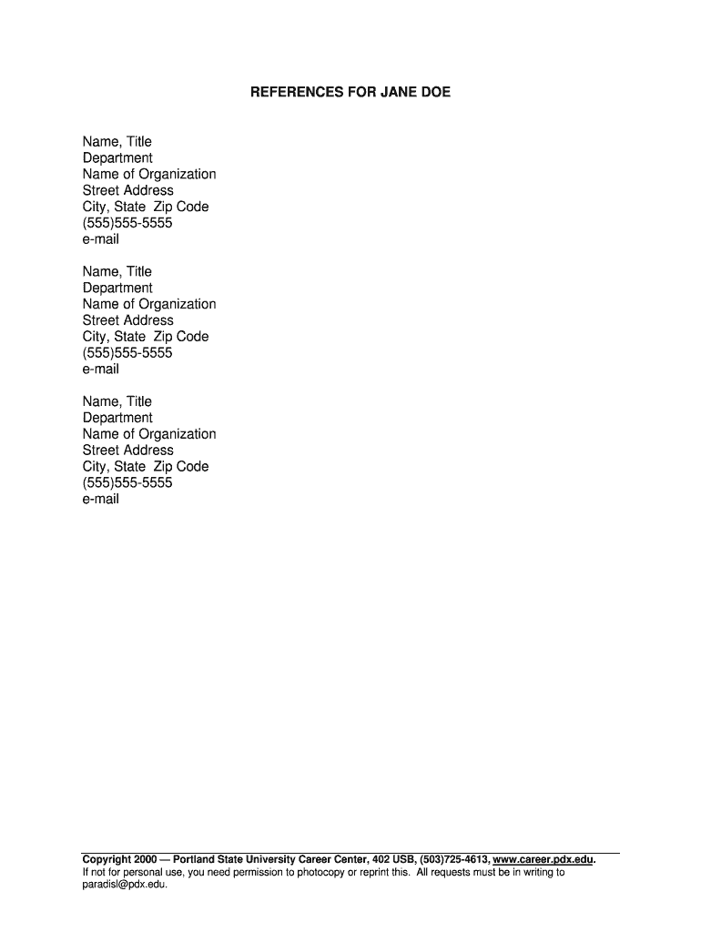 Fillable Online pdx REFERENCES FOR JANE DOE Name, Title Department Name ...