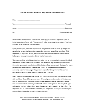 Fillable Online Landlord Initial Inspection Notice at End of Lease Fax ...
