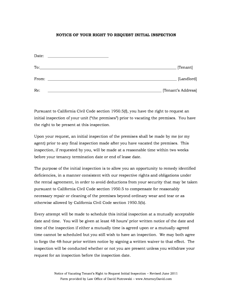 Fillable Online Landlord Initial Inspection Notice at End of Lease Fax ...